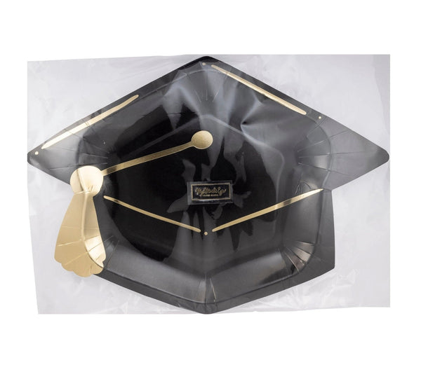 Large Black & Gold Graduation Cap Shaped Dinner Plates - Stesha Party